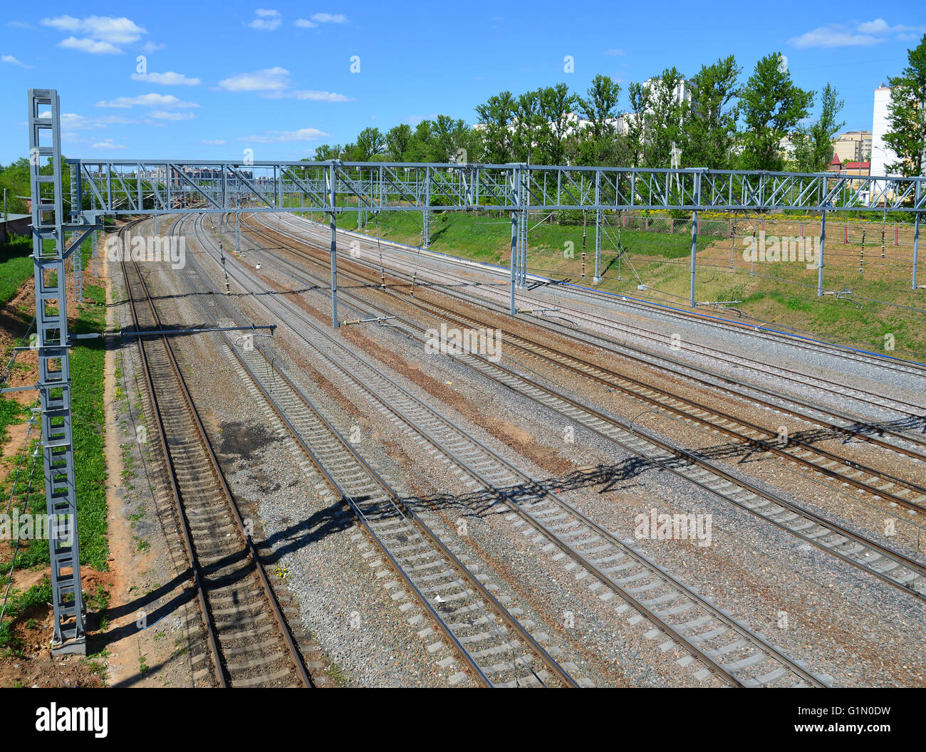Railroad tracks Oktyabrskaya railway in Zelenograd, Russia Stock Photo ...