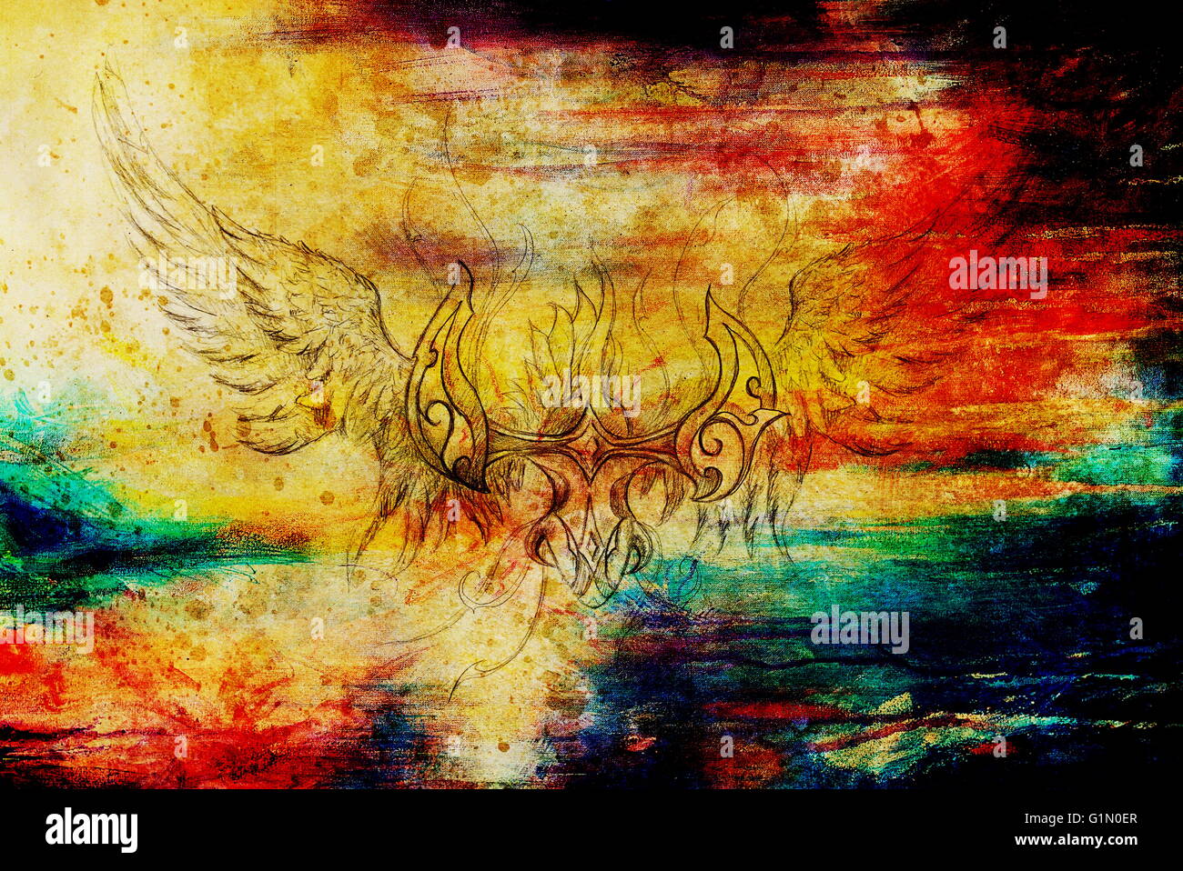 drawing of ornamental phoenix on old paper background computer collage ...