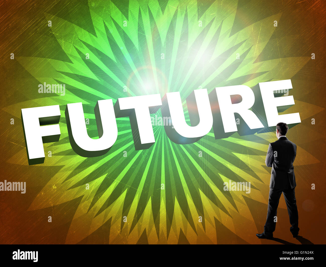 Businessman looks on word future Stock Photo - Alamy