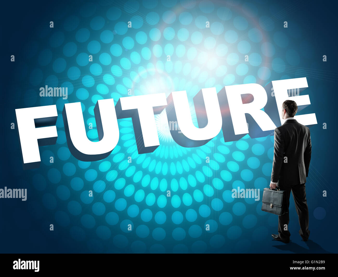 Businessman looks on word future Stock Photo - Alamy