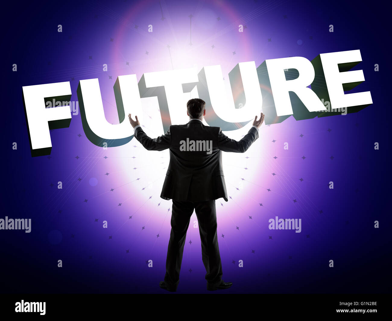 Businessman looks on word future Stock Photo - Alamy