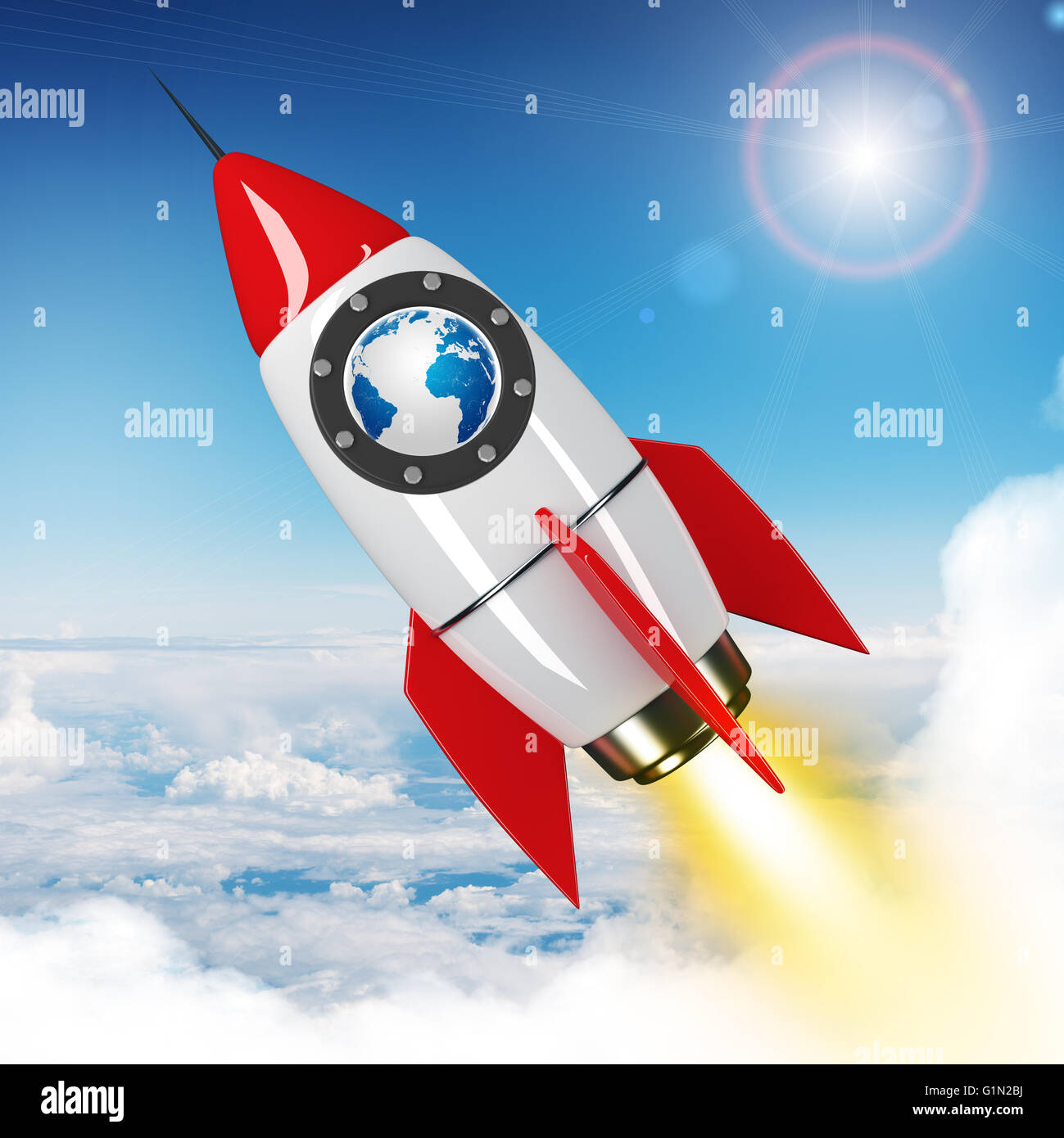 Earth globe flying in sky on drawn rocket Stock Photo - Alamy