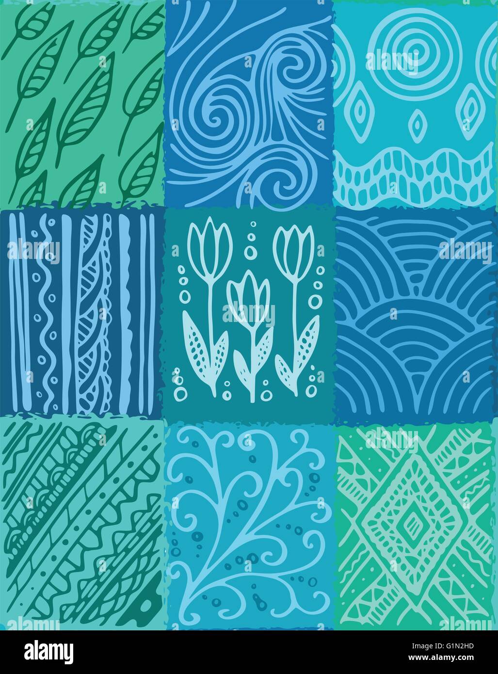 Vector abstract seamless pattern, hand drawn patchwork design, blue and ...