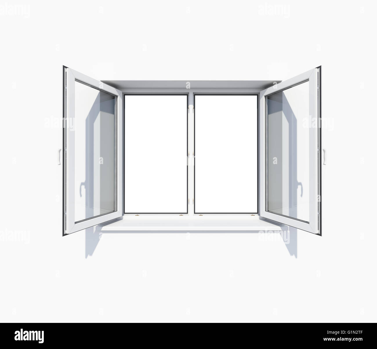 Opened window on clean white wall Stock Photo - Alamy