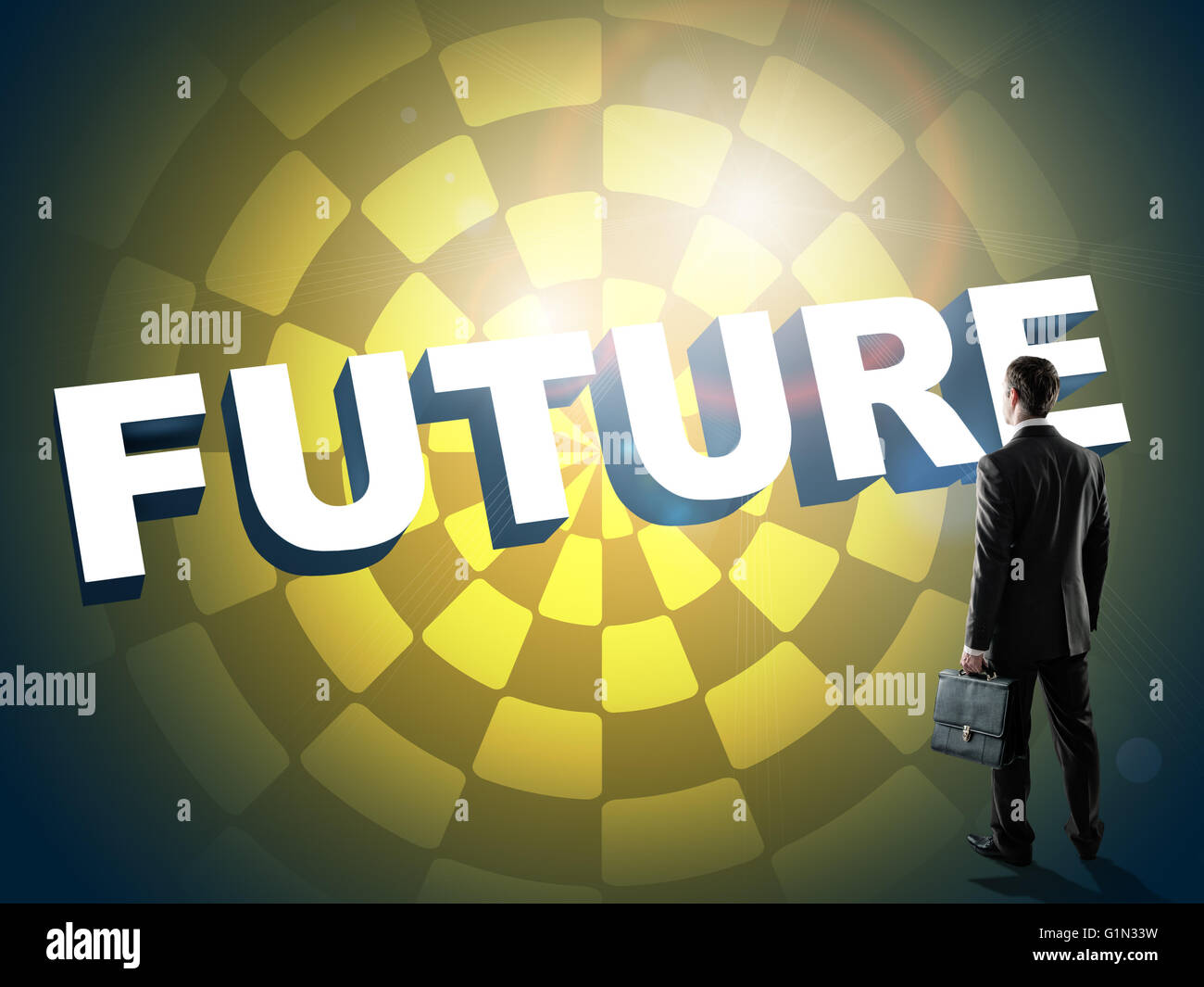 Businessman looks on word future Stock Photo - Alamy
