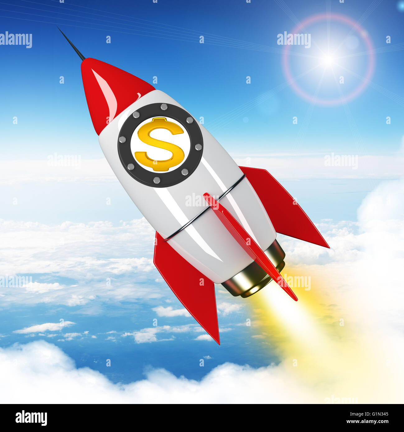 Dollar sign flying in sky on drawn rocket Stock Photo - Alamy