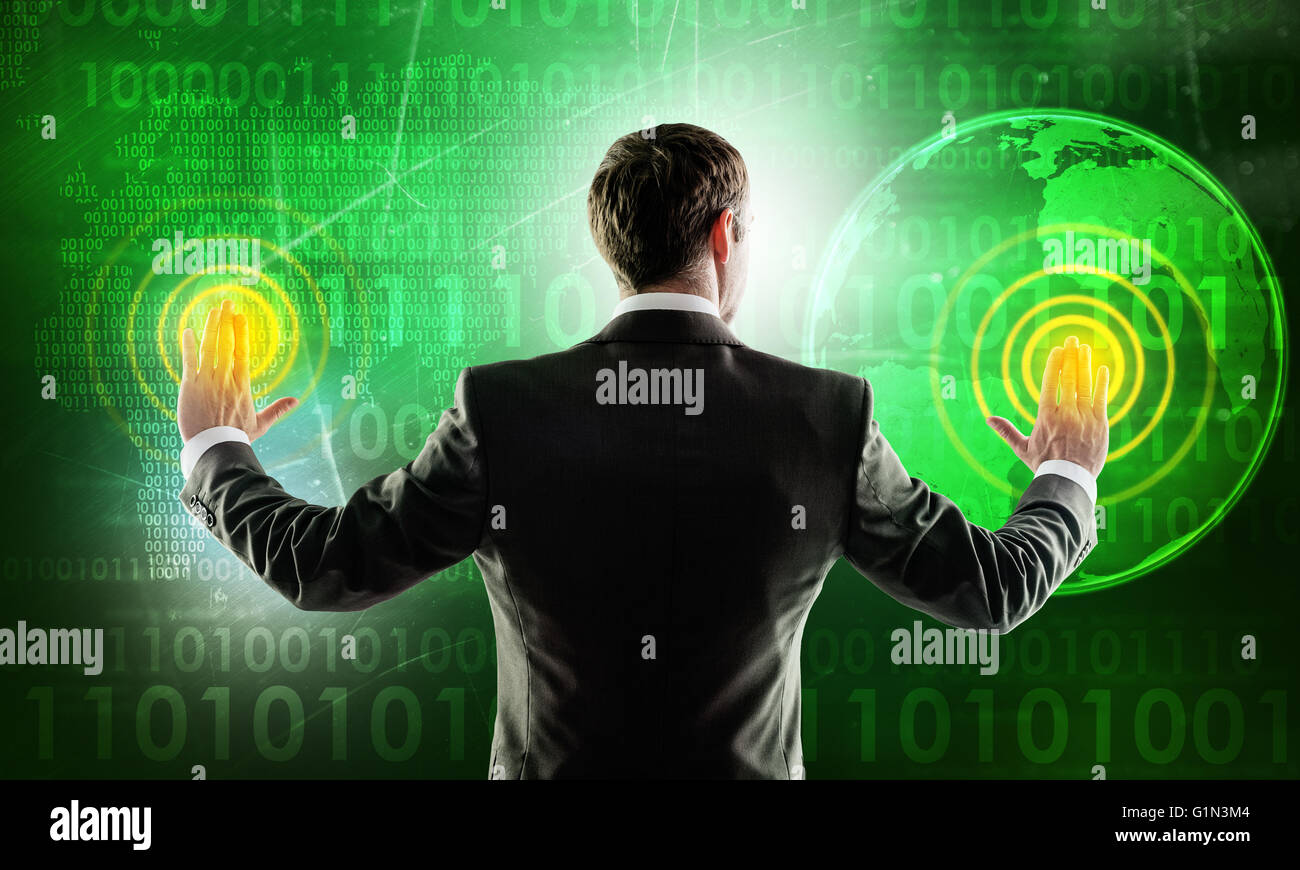 Businessman working on digital background Stock Photo - Alamy