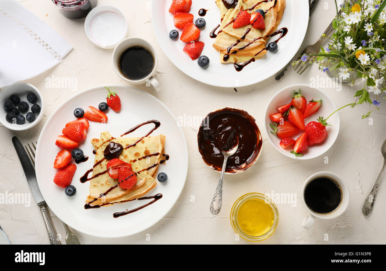 breakfast table set with crepes, food top view Stock Photo - Alamy