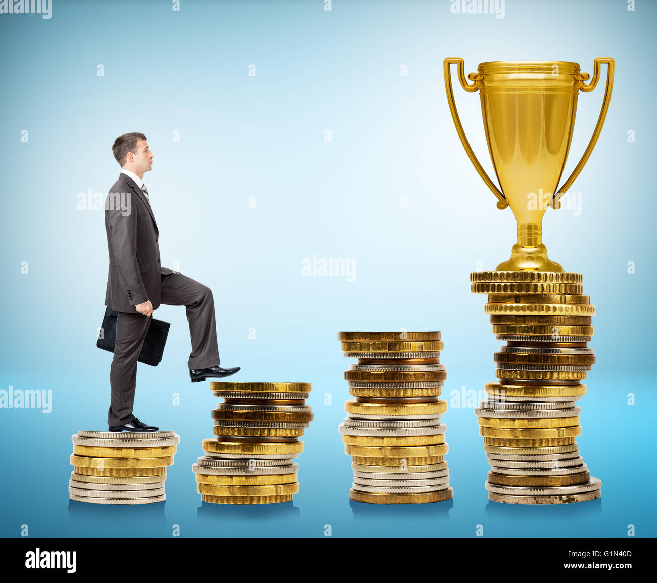 Businessman going up, coins stairs Stock Photo - Alamy