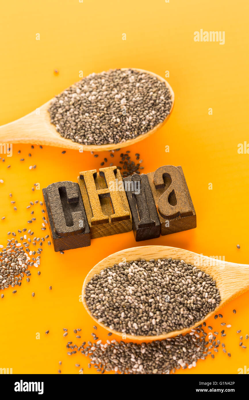 Healthy Chia seeds with chia wooden sign close-up Stock Photo - Alamy