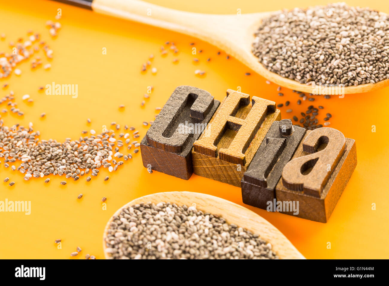 Healthy Chia seeds with chia wooden sign close-up Stock Photo - Alamy