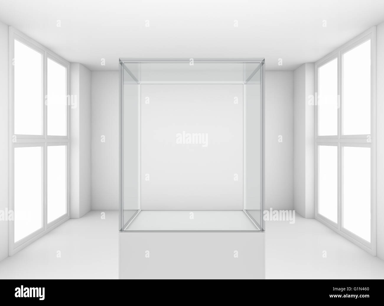 Showcase in white room with windows Stock Photo - Alamy