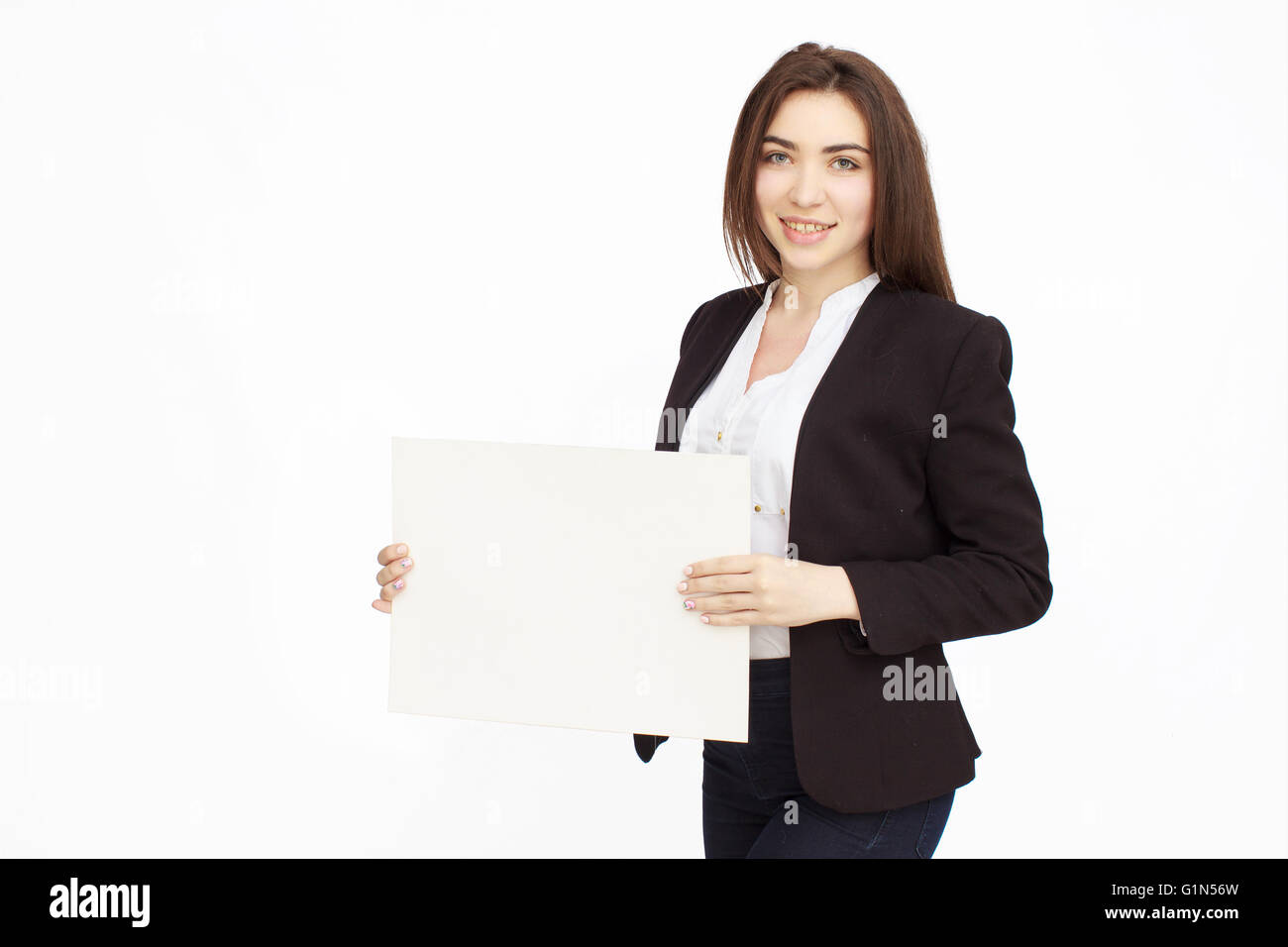 Woman hold blank paper Cut Out Stock Images & Pictures - Alamy