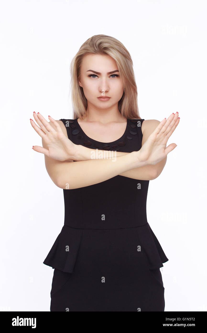 young angry woman in black dress Stock Photo - Alamy