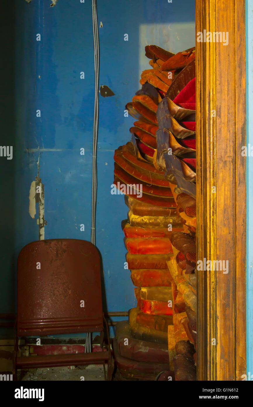 tack of rotting and decaying vintage red crushed velvet theater seats ...