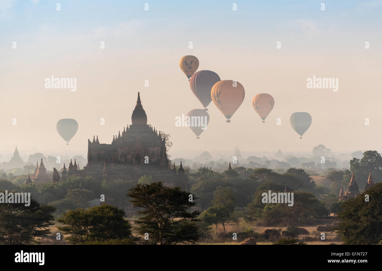 Hot-air Balloons in flight over temples of Bagan, Burma - Myanmar Stock ...