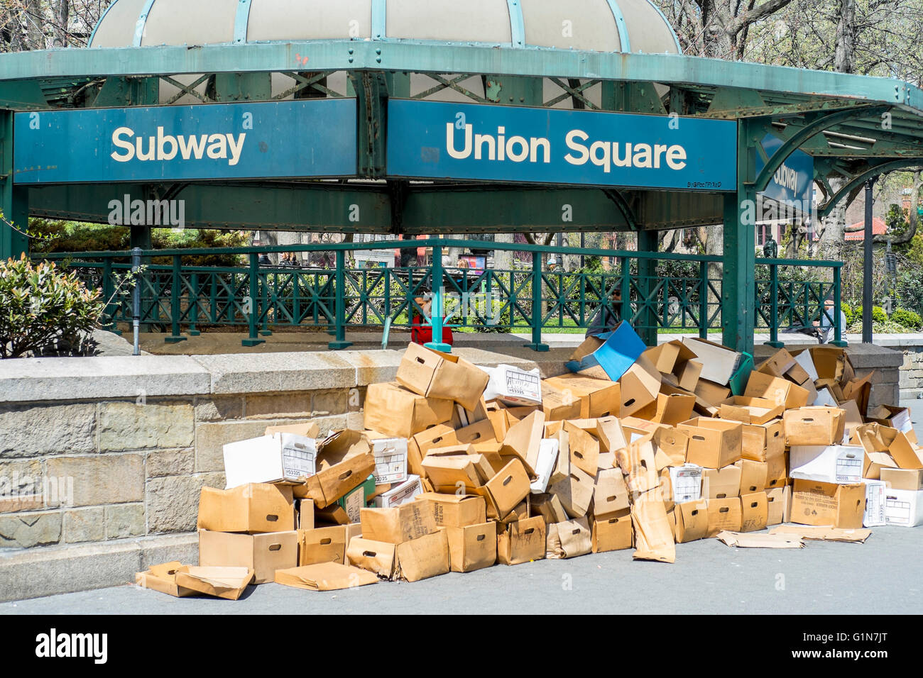 Discarded rubbish cardboard boxes piled up in front of Union Square ...