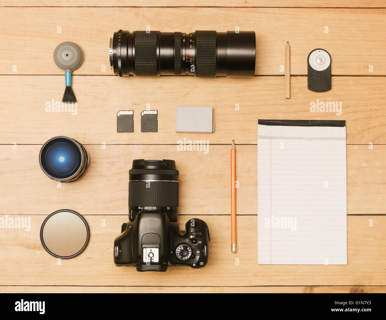 Photographer accessories in flat lay shot Stock Photo - Alamy