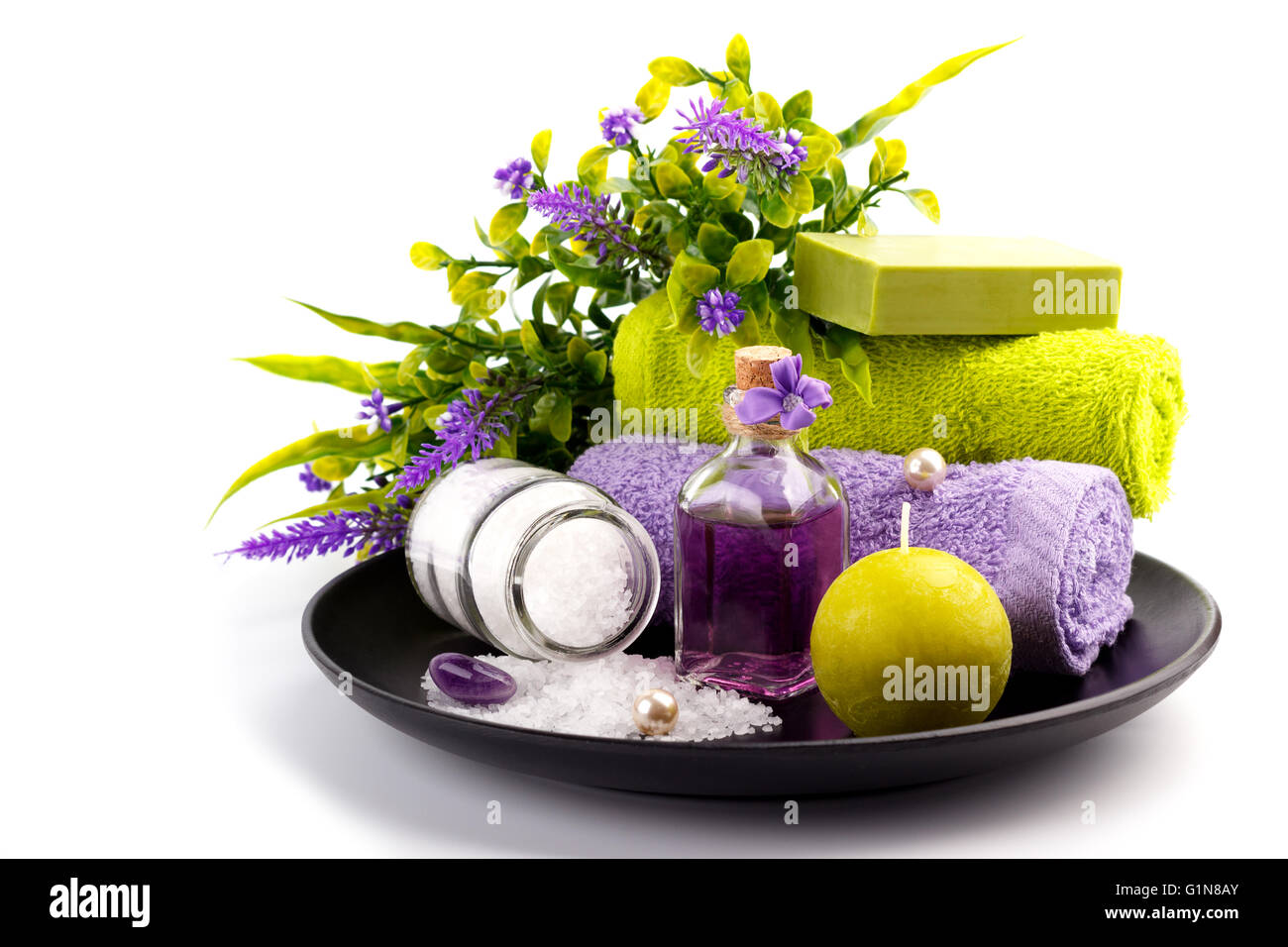 Spa setting, aromatherapy and health care items, isolated on white ...