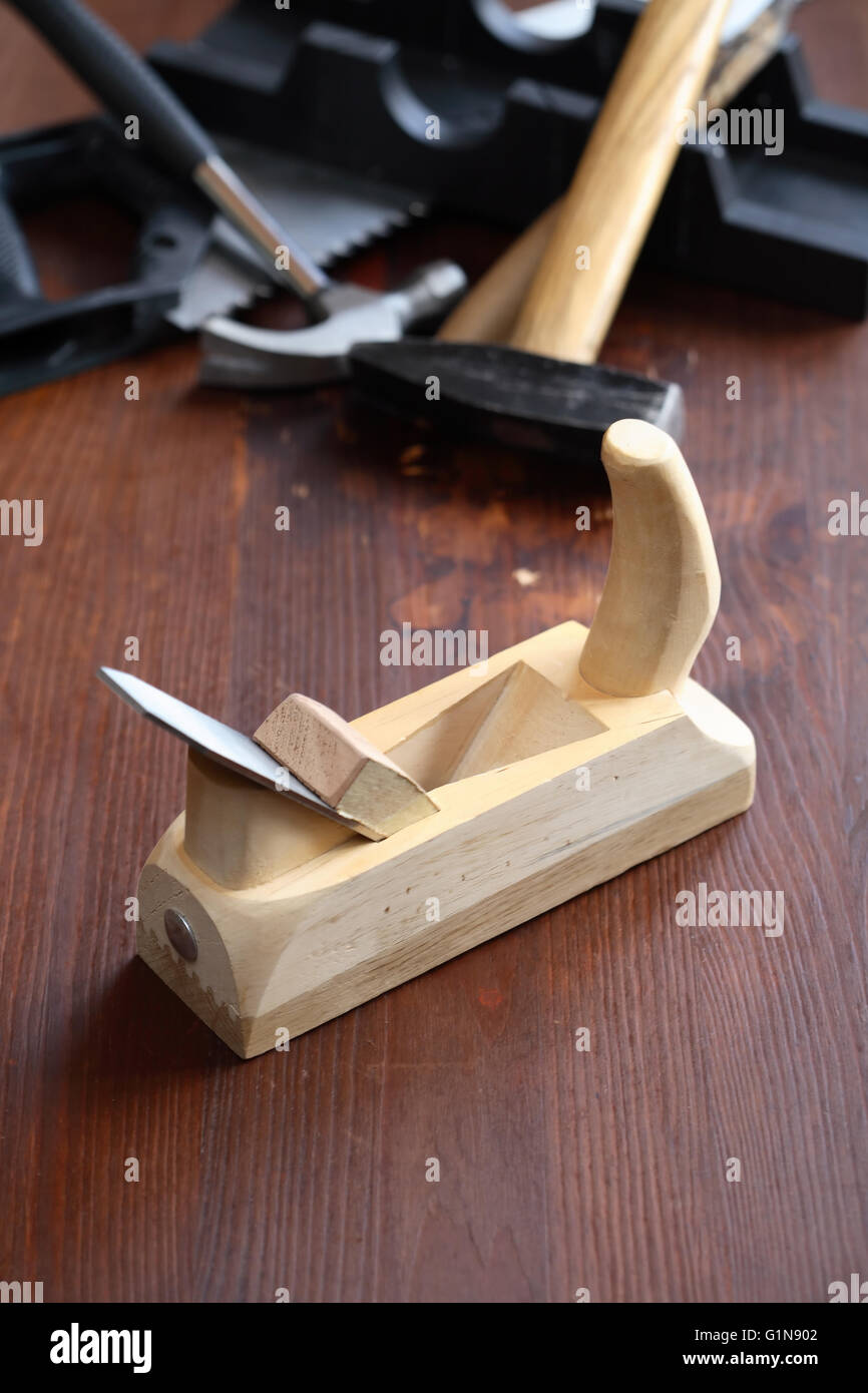 Set of carpenter tools on wooden workbench Stock Photo - Alamy