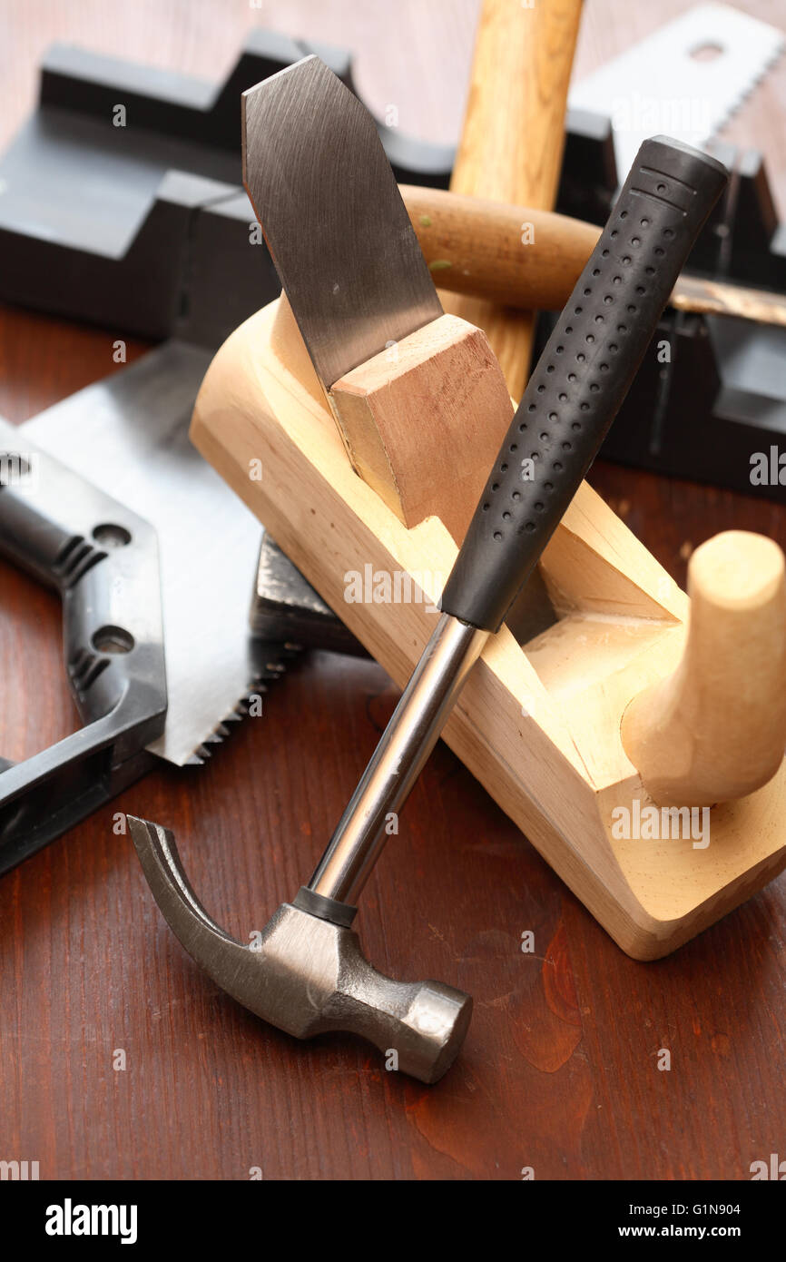 Set of carpenter tools on wooden workbench Stock Photo - Alamy