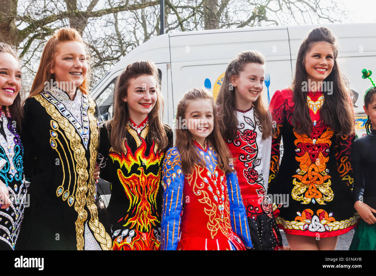 England, London, St.Patrick's Day Parade, Girls Dressed in Traditional ...
