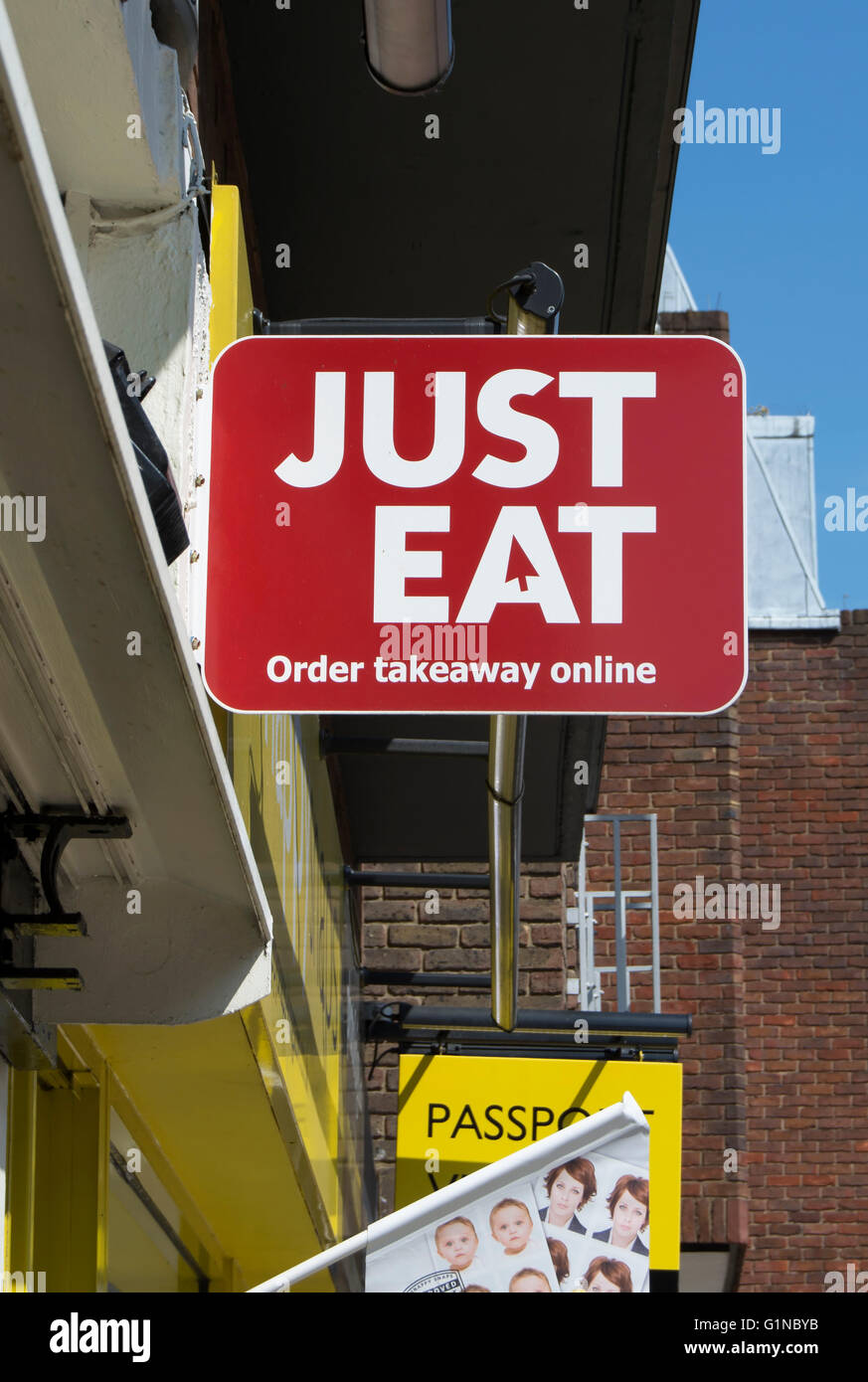 hanging sign for just eat, an online food order and delivery service ...