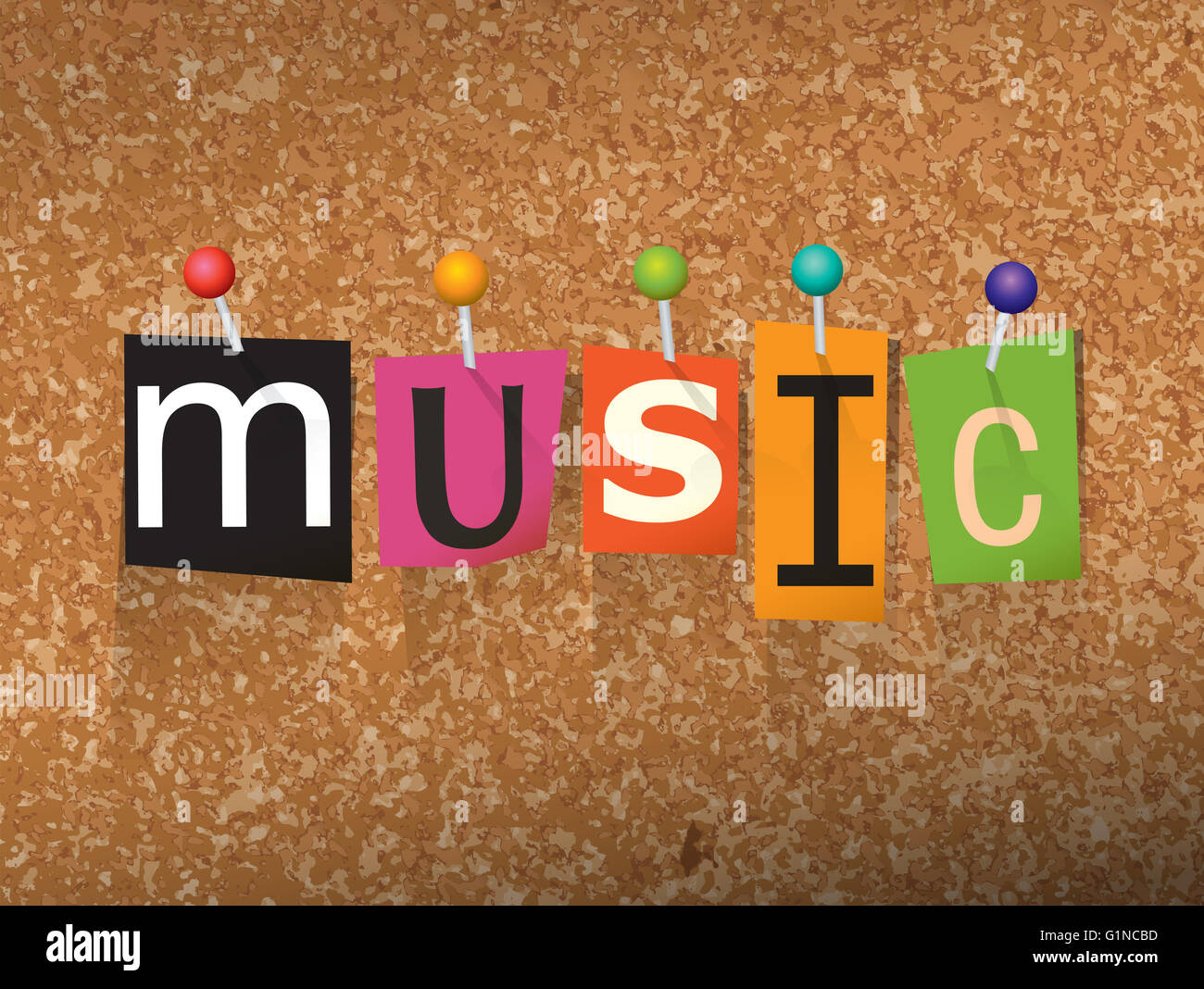 The word "MUSIC" written in cut letters and pinned to a cork bulletin ...