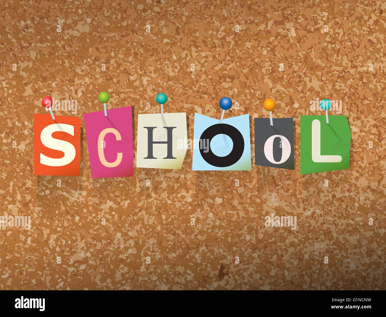 The word "SCHOOL" written in cut letters and pinned to a cork bulletin ...