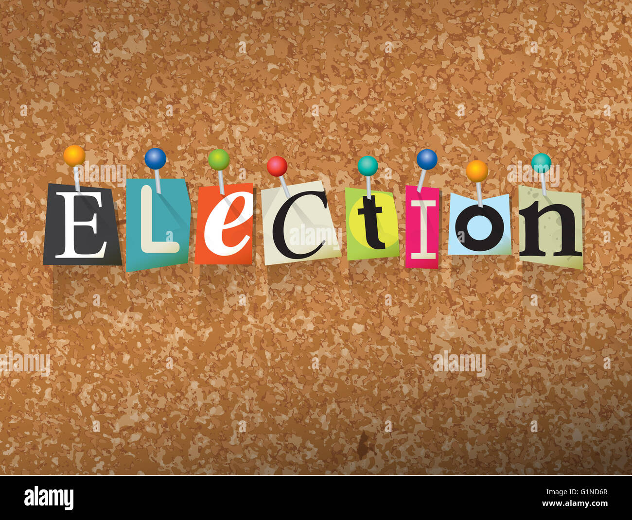 The word "ELECTION" written in cut letters and pinned to a cork ...