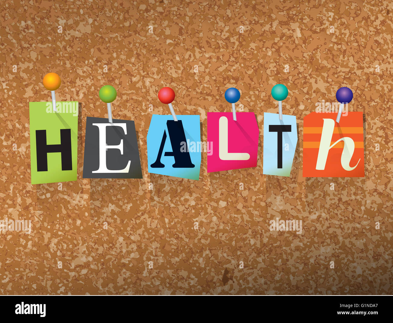 The word "HEALTH" written in cut letters and pinned to a cork bulletin ...