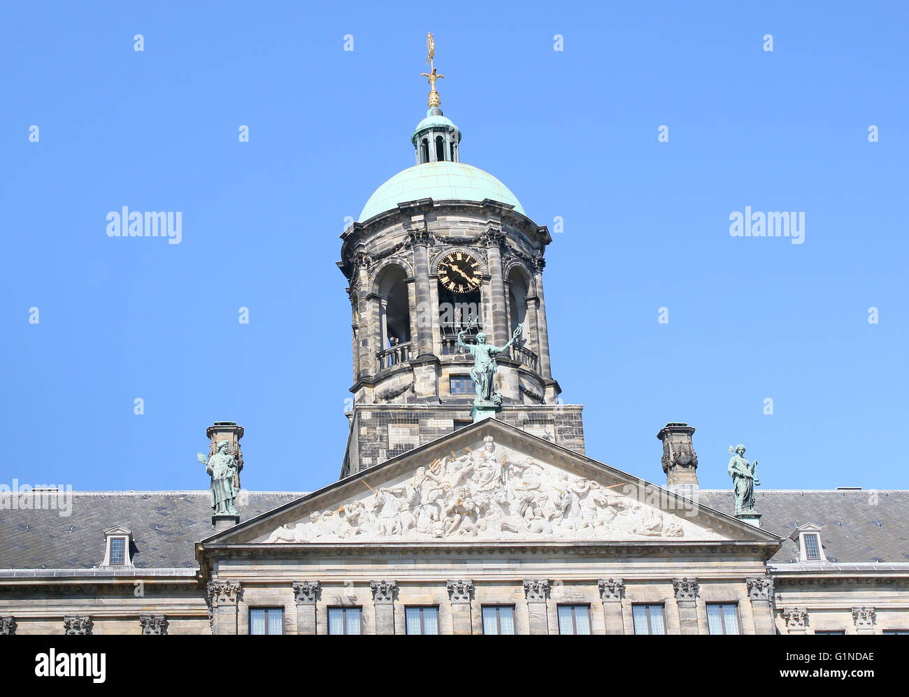Part of the upper facade and tower of the 17th century Paleis op de Dam ...