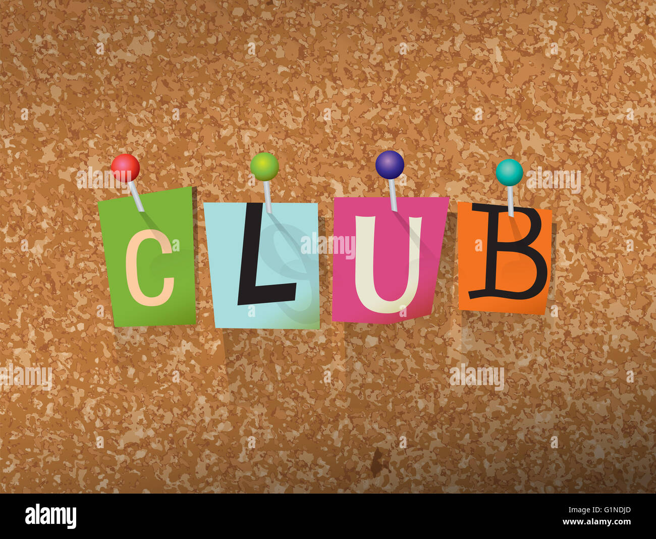 The word "CLUB" written in cut letters and pinned to a cork bulletin ...