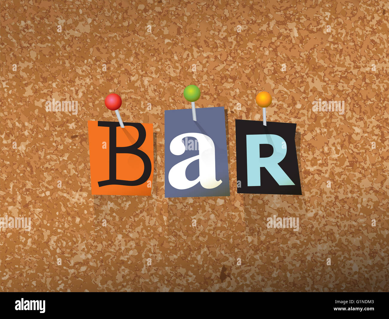 The word "BAR" written in cut letters and pinned to a cork bulletin ...