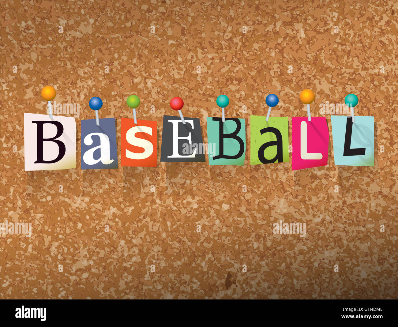 The word "BASEBALL" written in cut letters and pinned to a cork ...