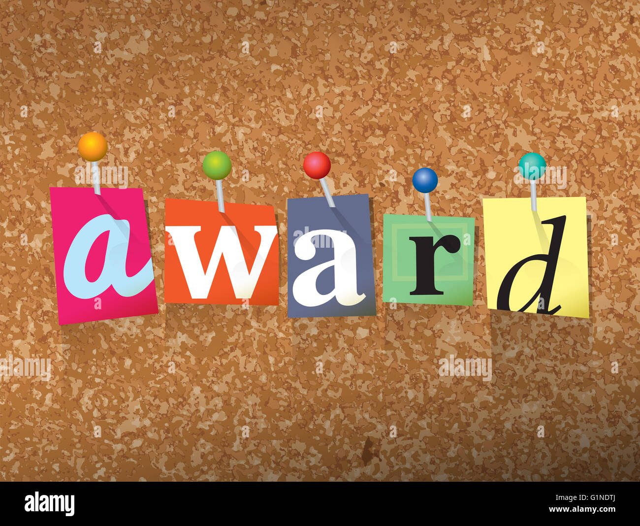 The word "Award" written in cut letters and pinned to a cork bulletin ...