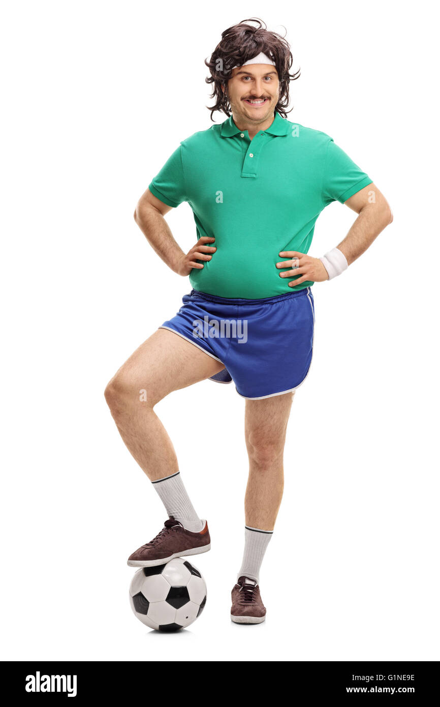 Full length portrait of a young retro football player isolated on white ...