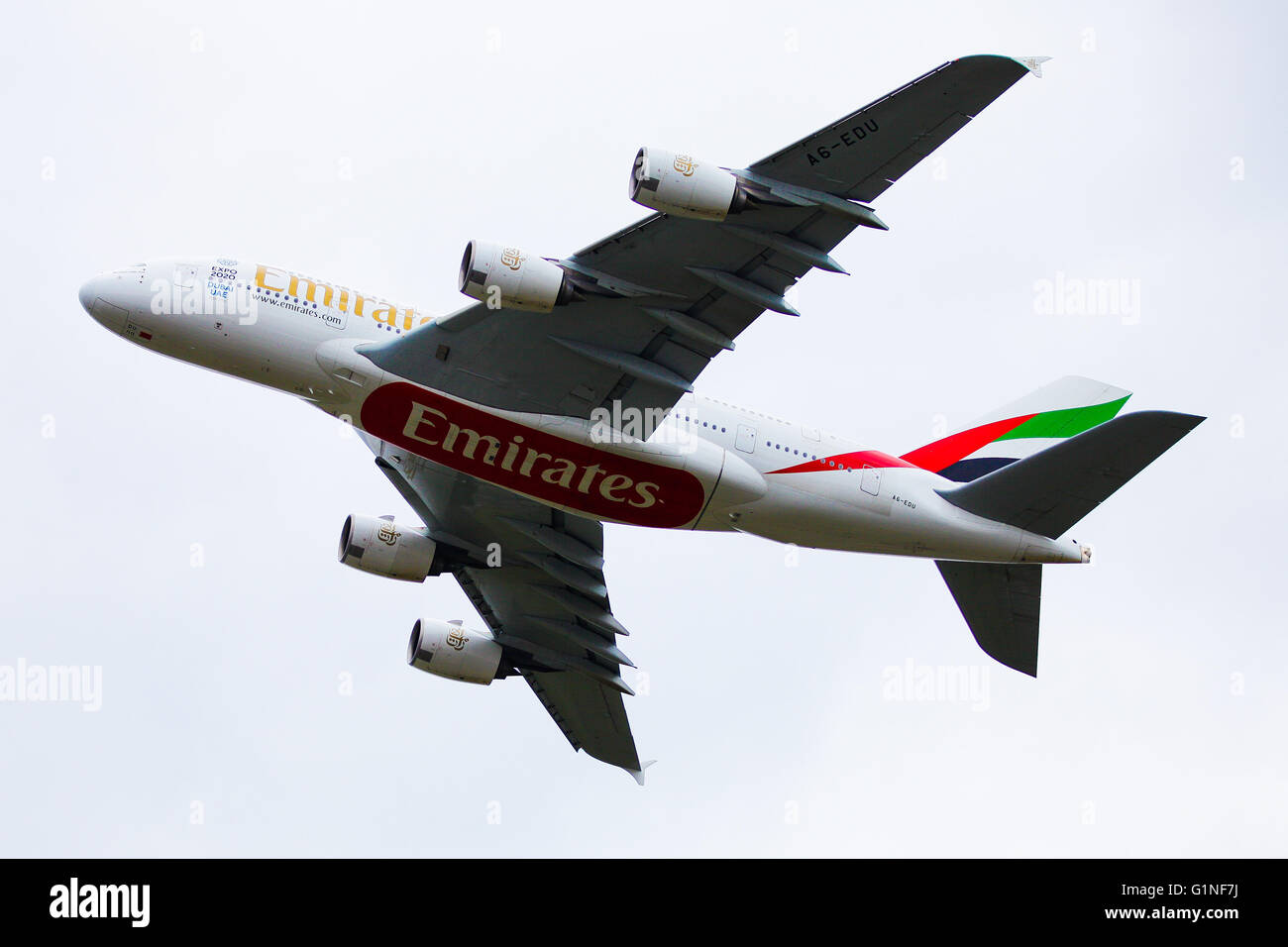 Emirates A380 takes off from Heathrow Airport Stock Photo - Alamy
