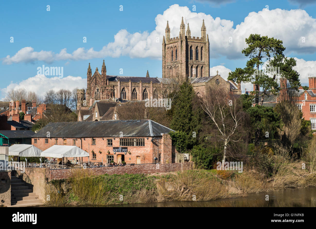 Hereford Cathedral and surrounding buildings on a sunny Spring day, in ...