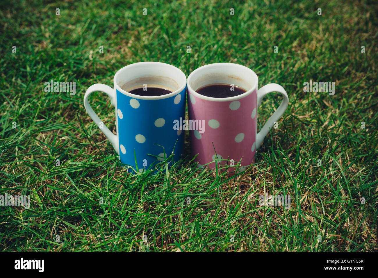 A blue and a pink cup in the grass Stock Photo - Alamy
