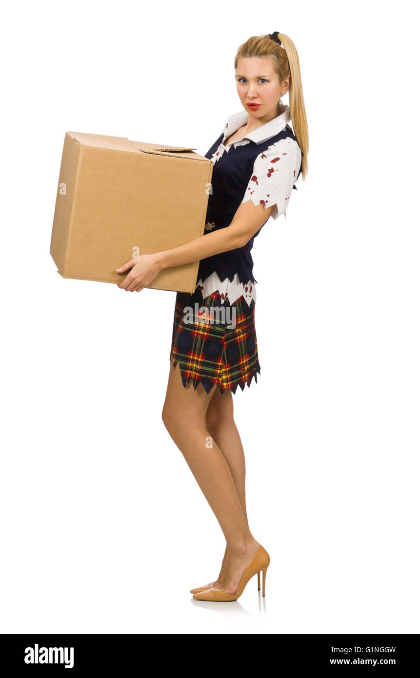 Woman with cardboard box isolated on white Stock Photo - Alamy
