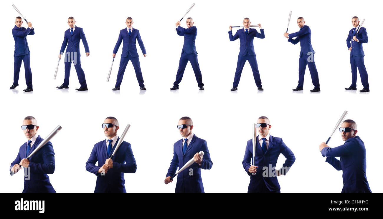 Handsome businessman with bat on white Stock Photo - Alamy