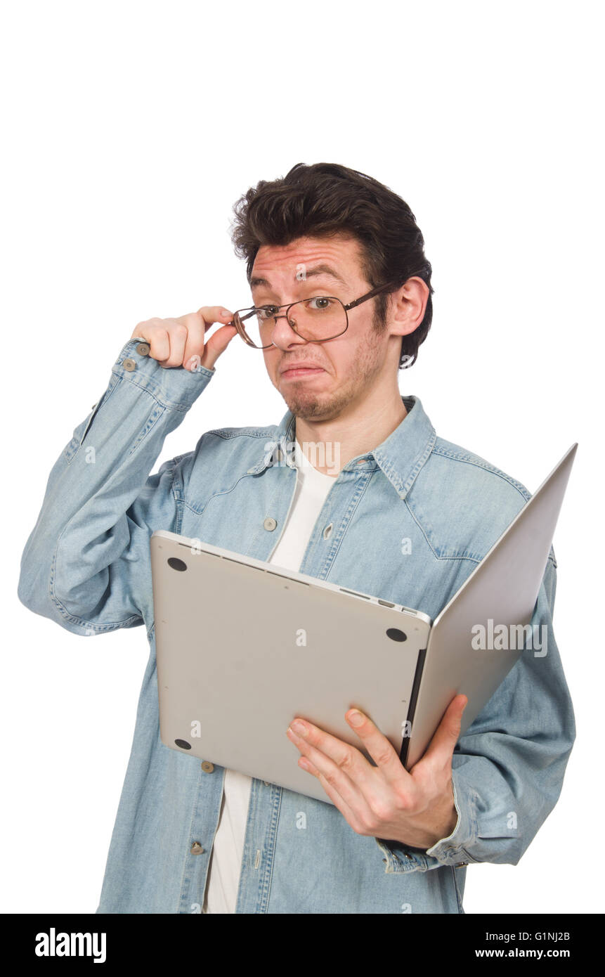Young student with laptop isolated on white Stock Photo - Alamy