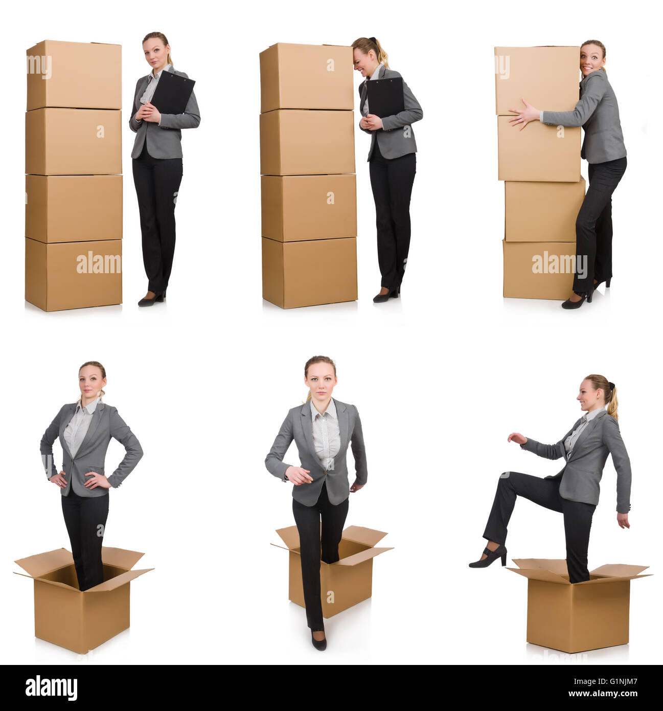Composite image of woman with boxes on white Stock Photo - Alamy