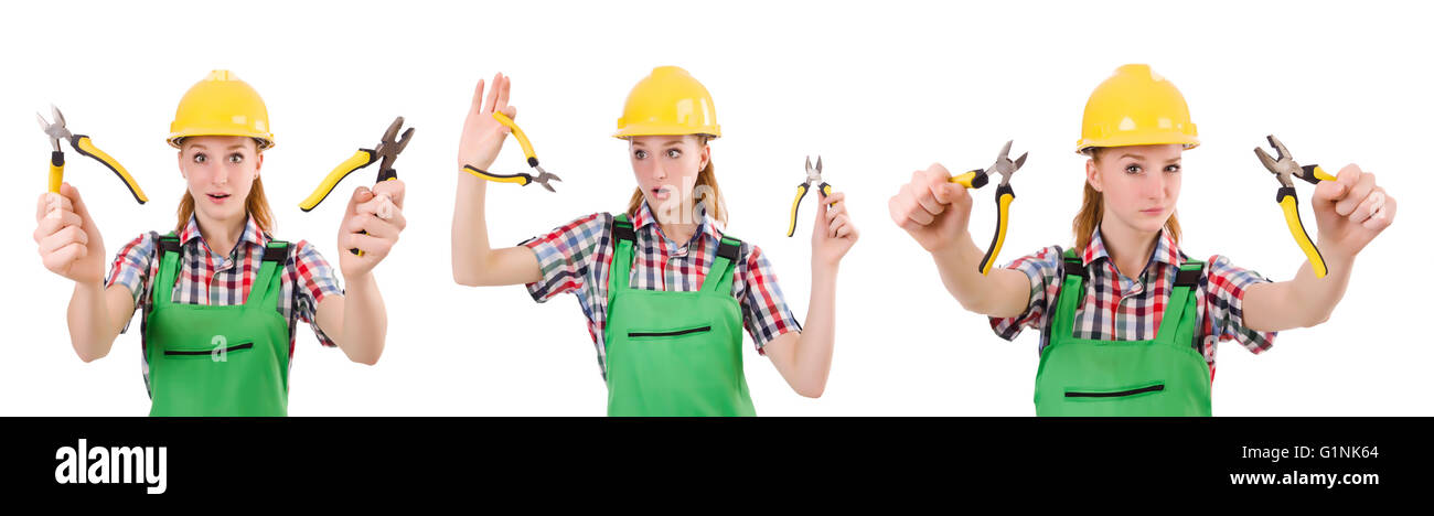 Construction worker female with pliers isolated on white Stock Photo ...