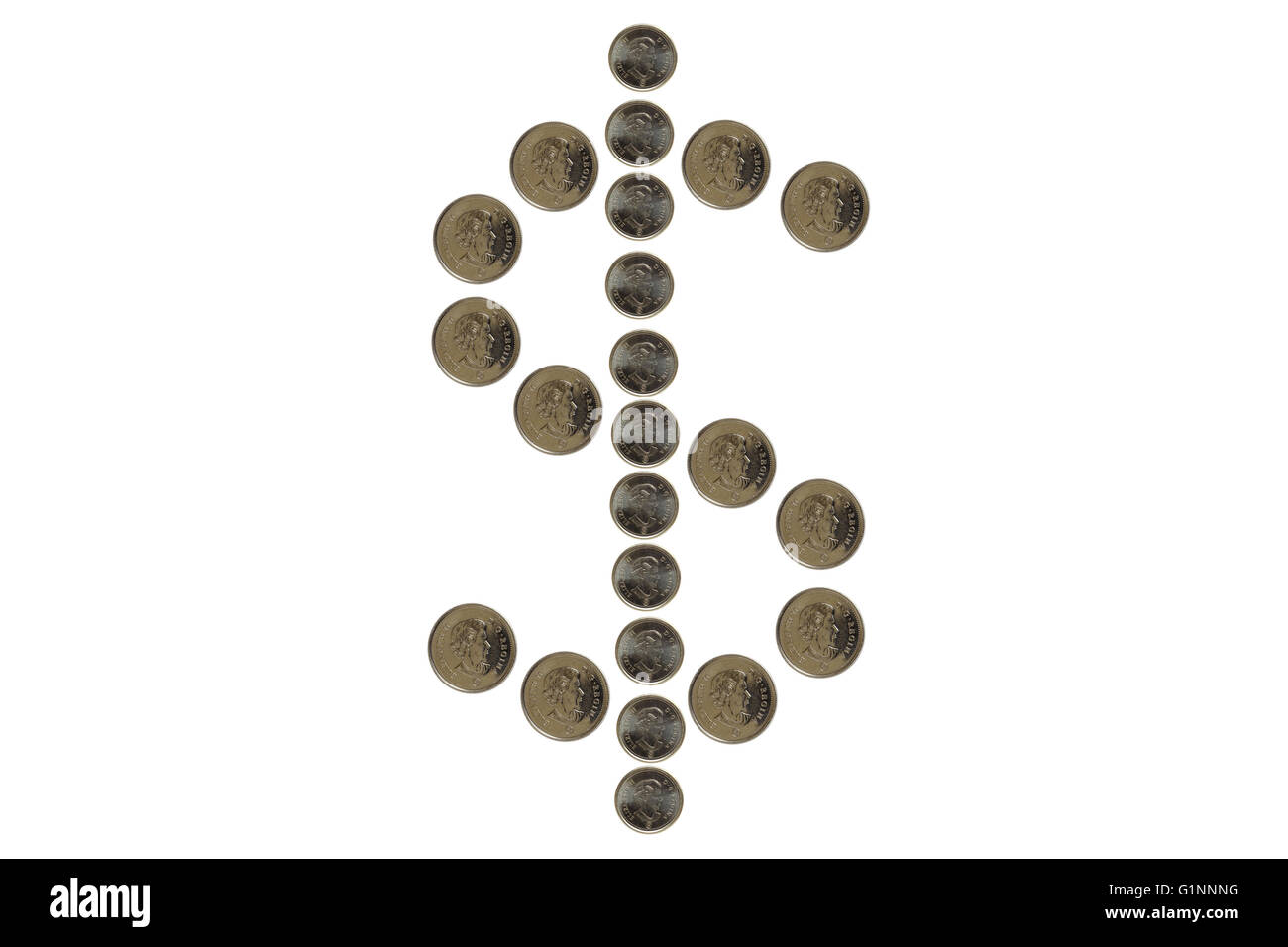 The Dollar shape created from coins photographed against a white ...