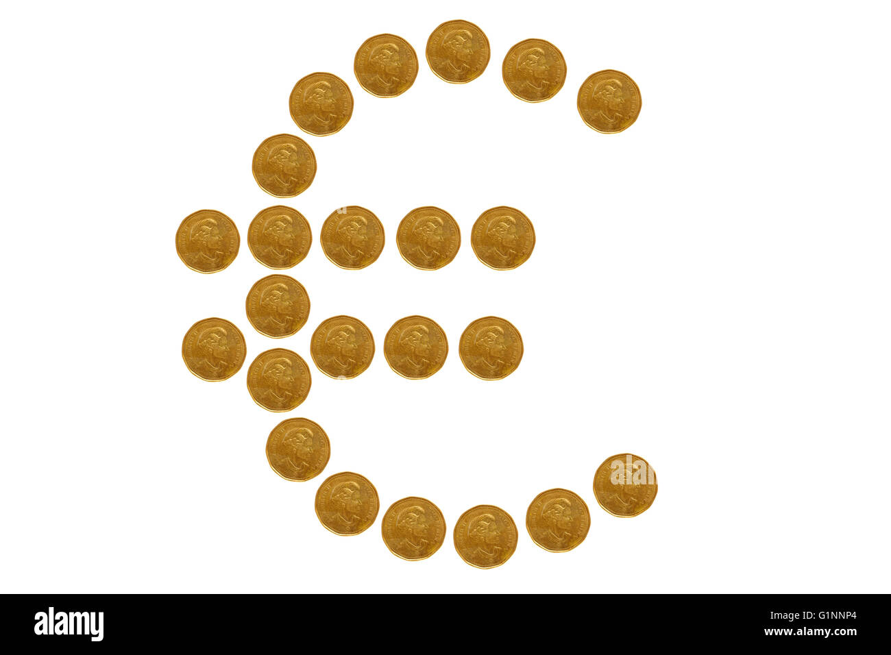 The Euro symbol created from coins photographed against a white ...