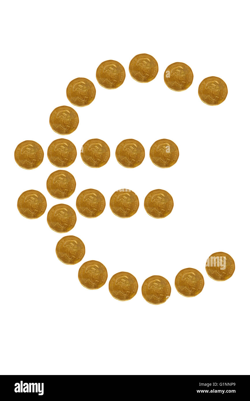 The Euro symbol created from coins photographed against a white ...
