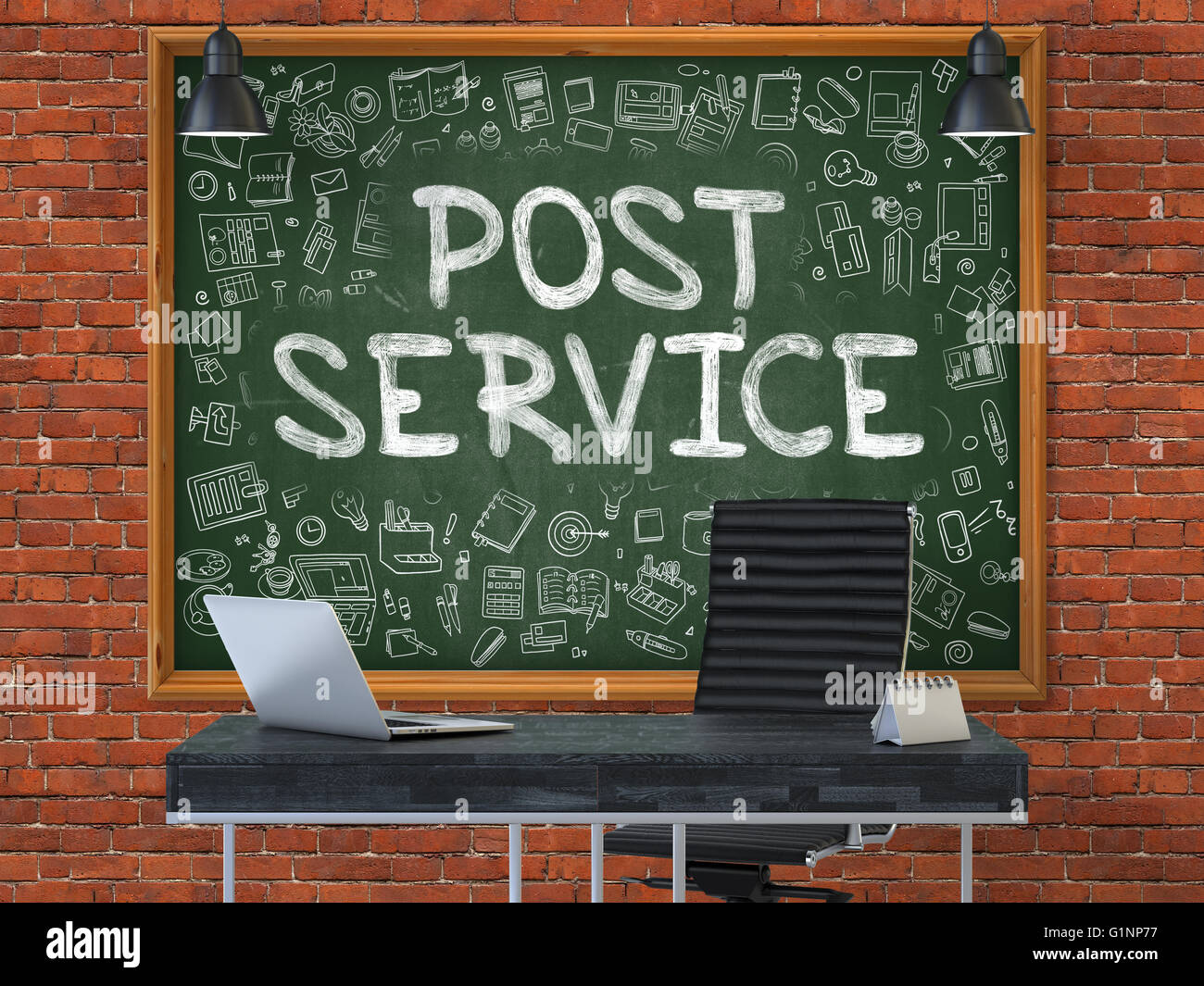 Post Service on Chalkboard with Doodle Icons Stock Photo - Alamy