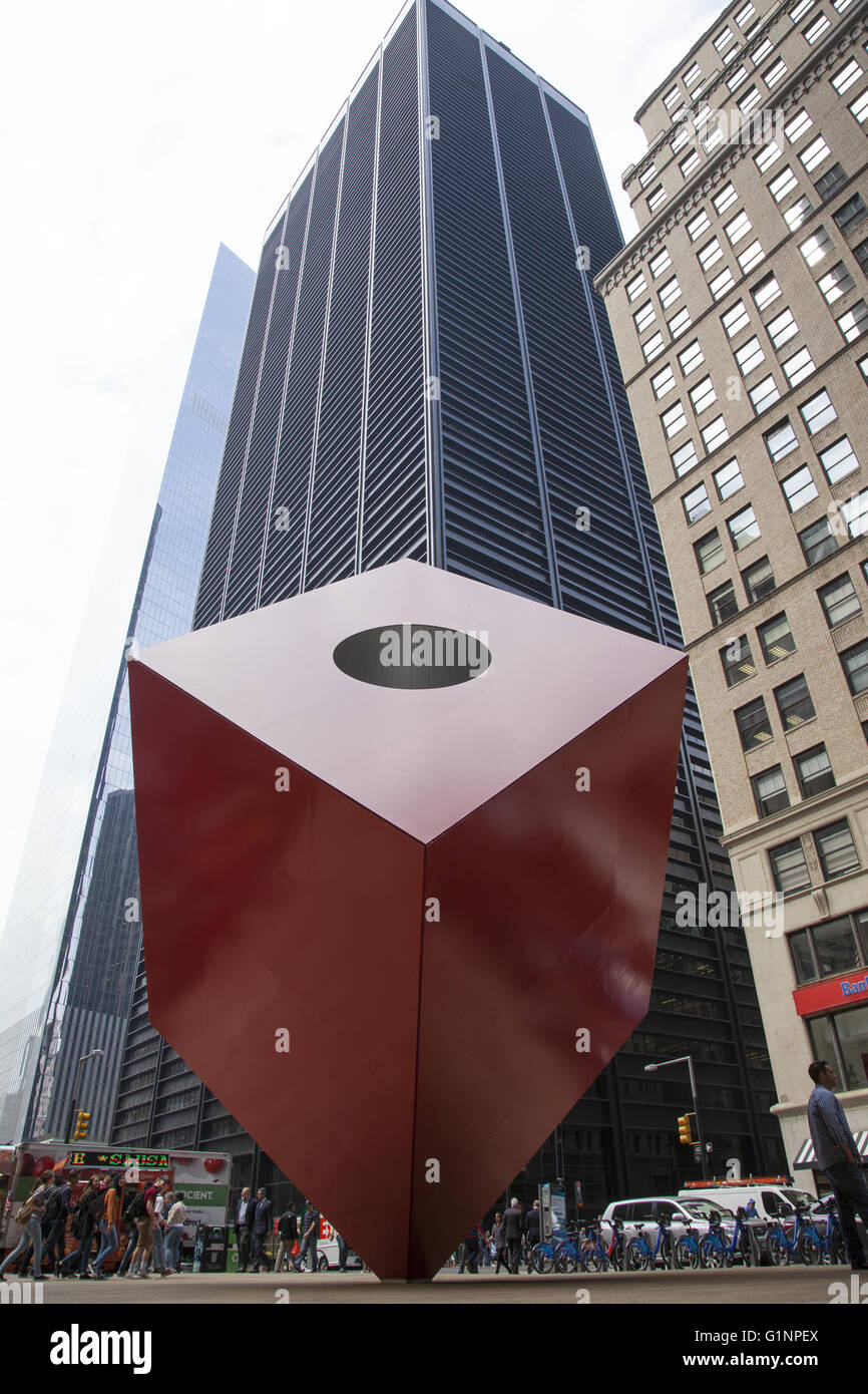 Isamu Noguchi's 28-foot tall piece of public art Red Cube in the plaza ...